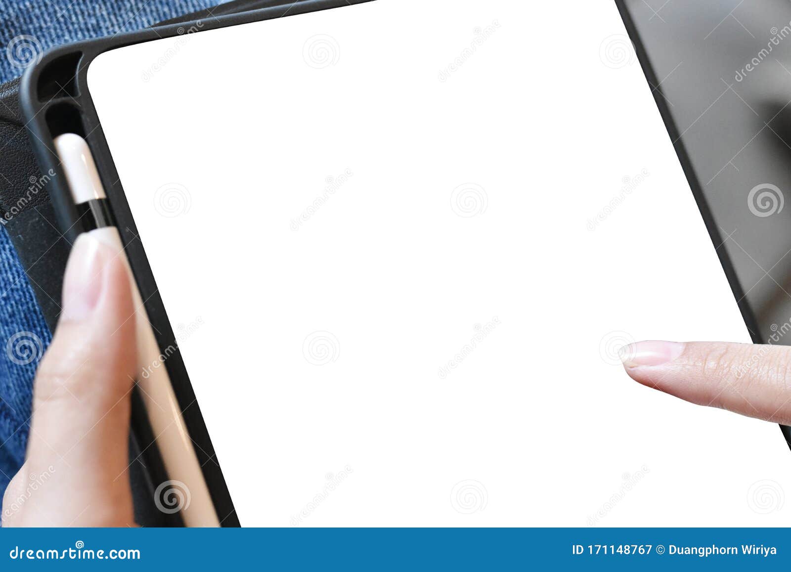 Hand Scrolling Feed on Tablet Mock-up Stock Image - Image of tablet ...