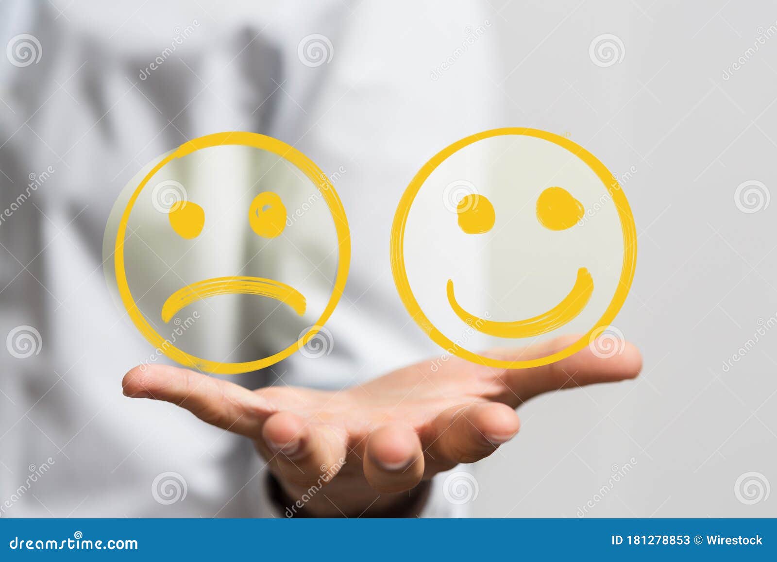 A Hand is Selecting a Happy Mood Smiley. in Front of an Empty Room ...