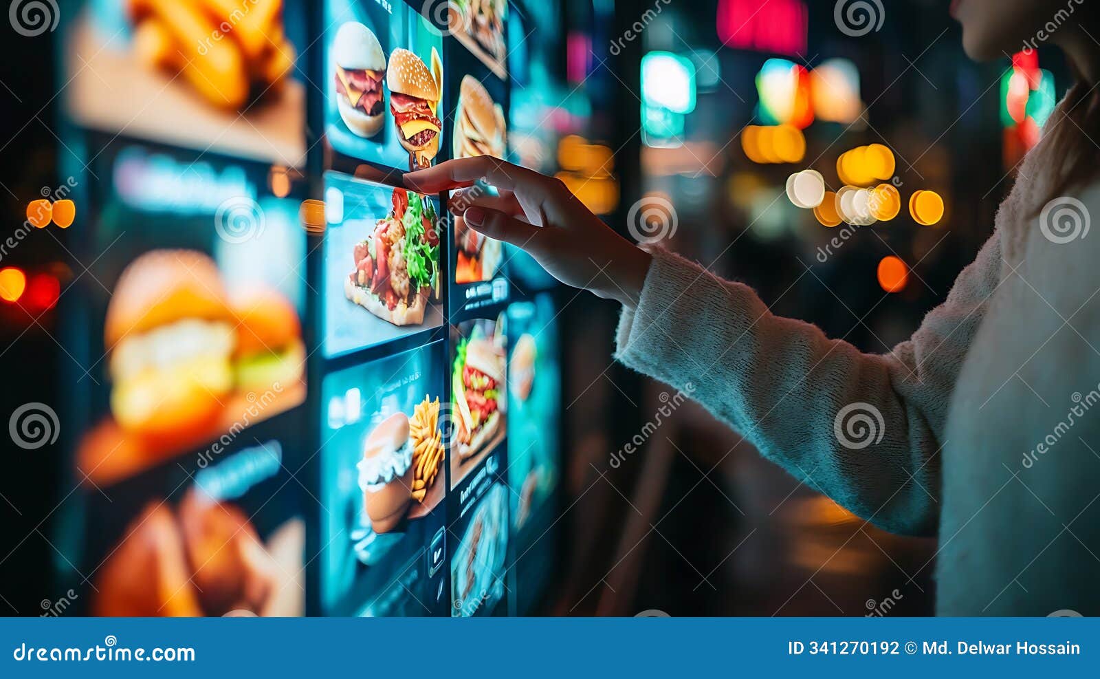 Hand Selects Burger From Digital Menu Board In Neon-Lit Environment ...