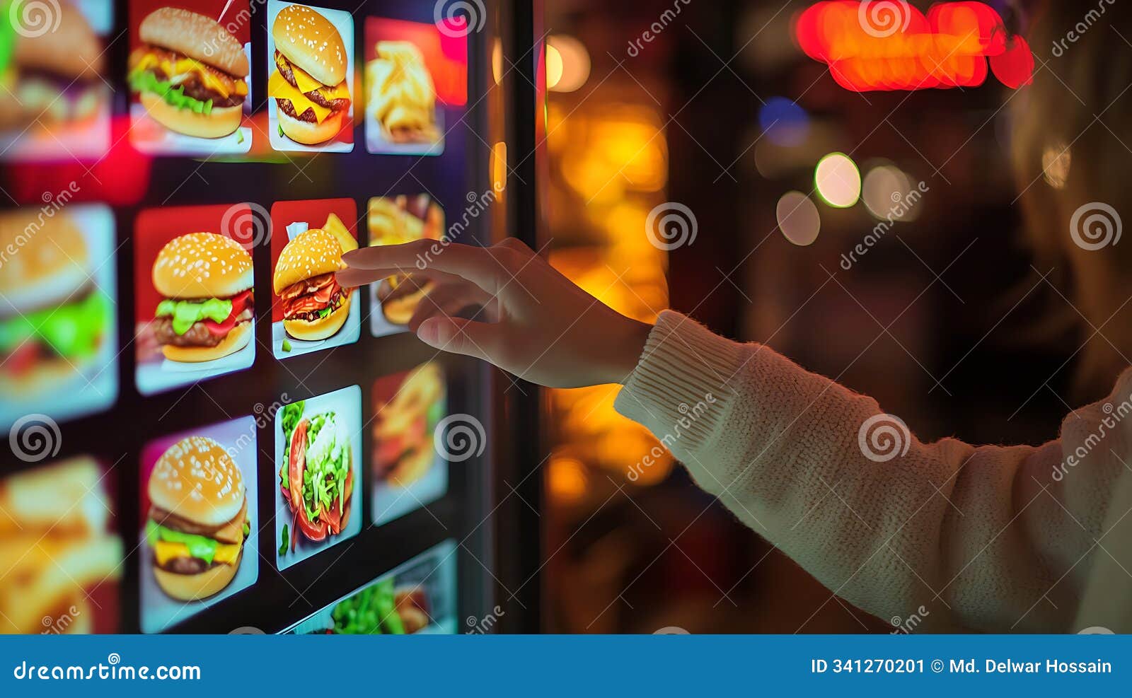Hand Selects Burger From Digital Menu Board In Neon-Lit Environment ...