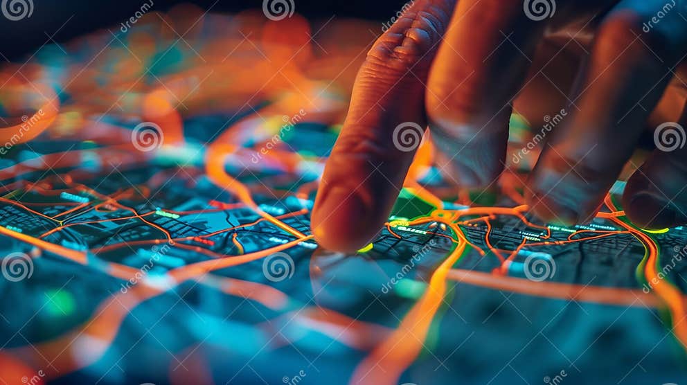 A Hand Selects a Location on a Glowing Map, Demonstrating Interactive Features and the ...