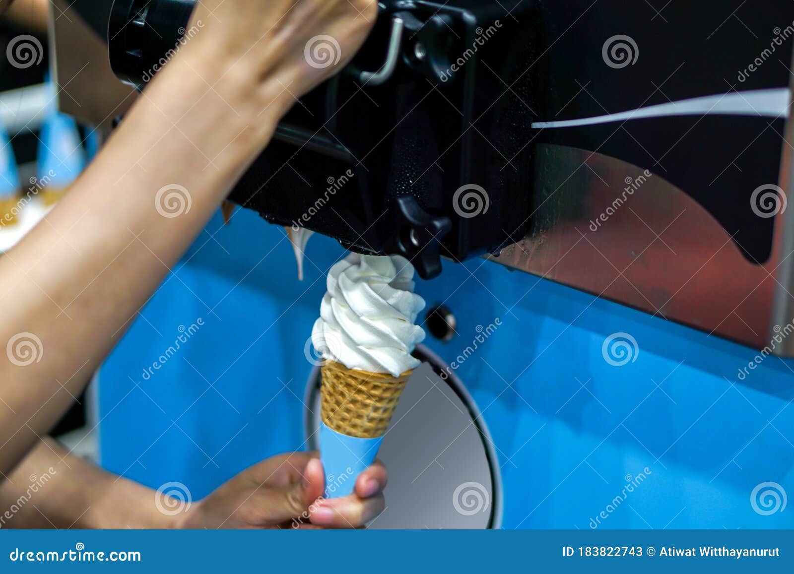 Hand of Seller Hold and Making Soft Ice Cream by Machine for Customer ...