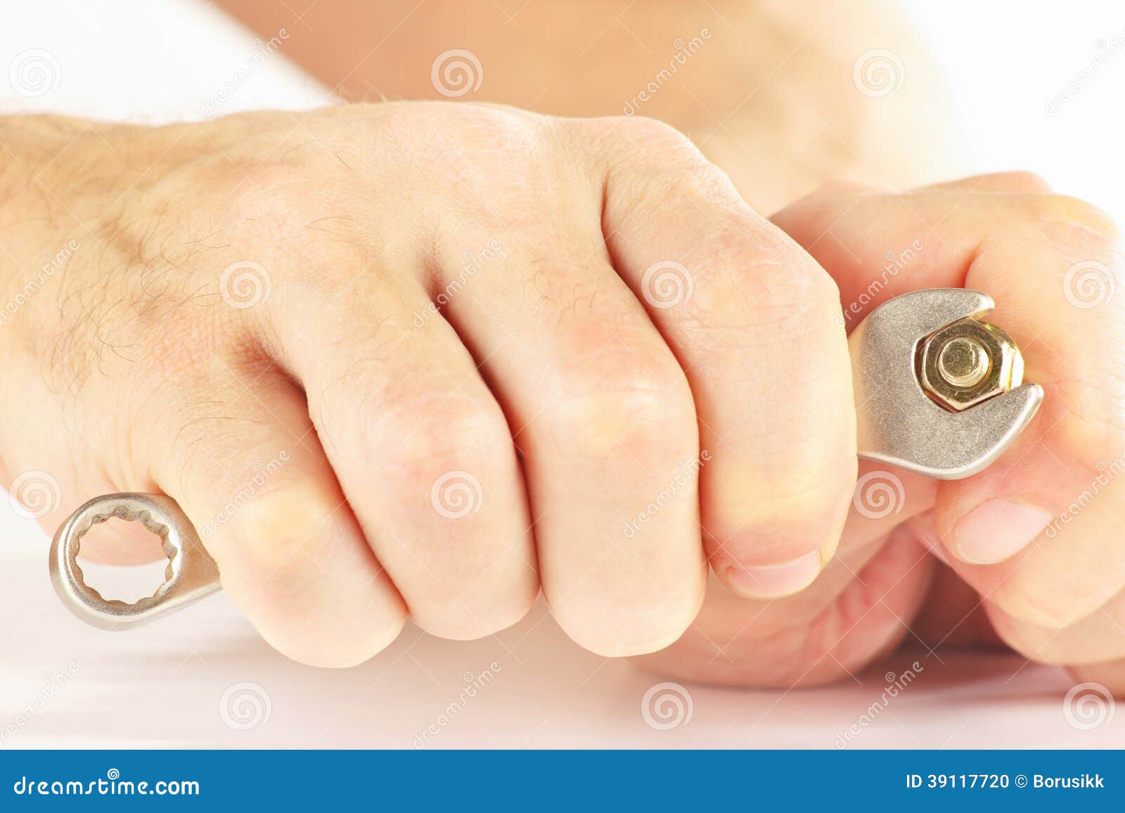 Hand of Serviceman with Spanner To Tighten Nut Stock Photo - Image of ...