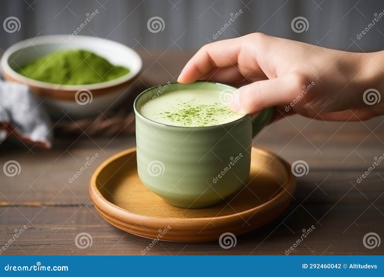 Hand Serving Hot Matcha Latte on Wooden Table Stock Illustration ...