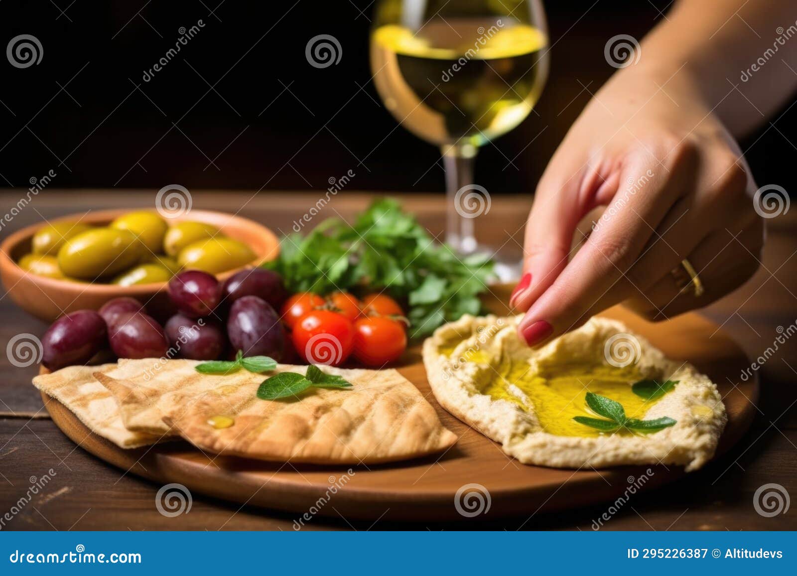 Hand Serving a Slice of Pita Bread with Hummus and Garnish Stock Image ...