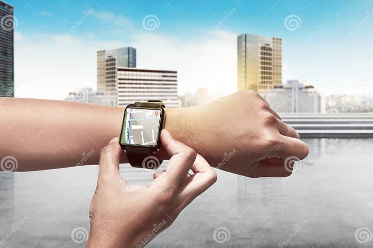 Hand Setting Route for GPS on the Smart Watch Stock Photo - Image of ...