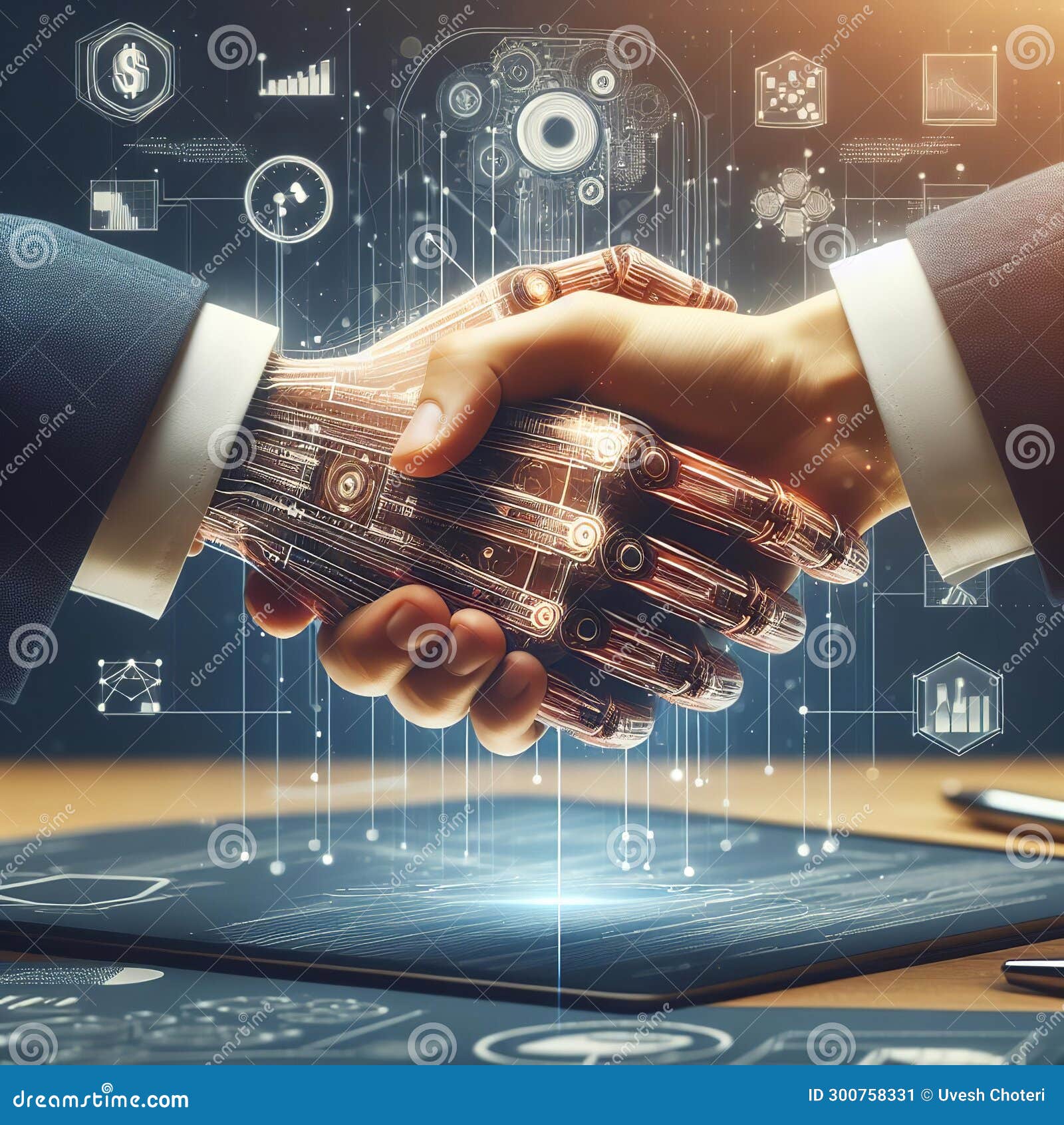 Hand Shake with Machine Technology Stock Image - Image of number, font ...