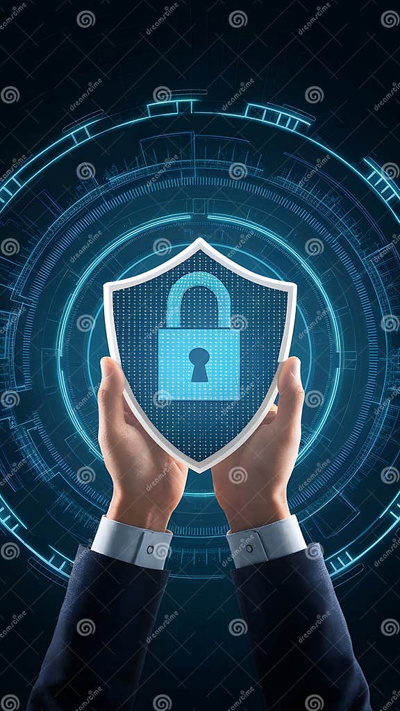 Hand Shields Blue Lock on Shield for Tech Security Concept Stock ...