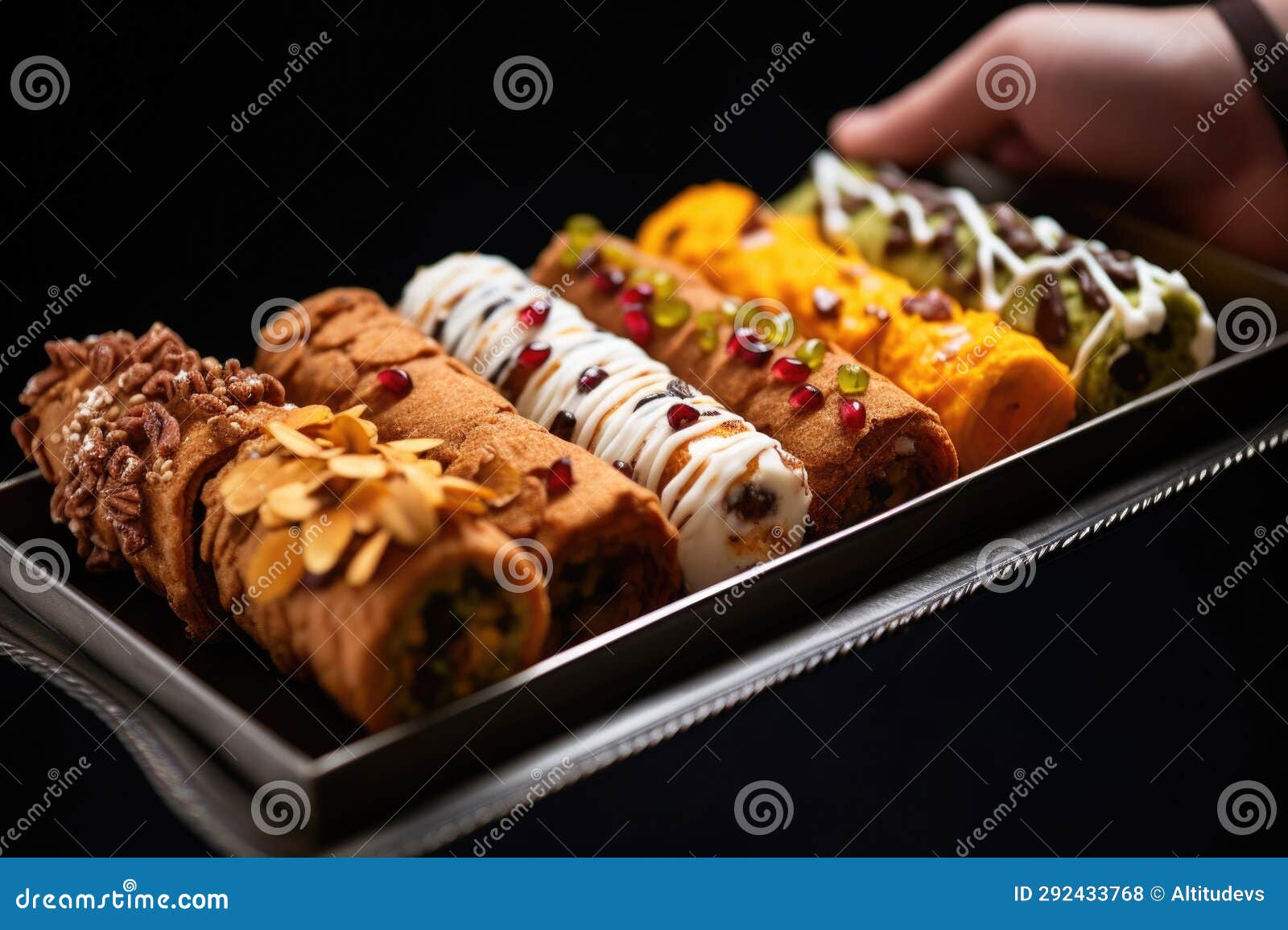 Hand Showcasing a Cannoli with Different Fillings in a Tray Stock Photo ...