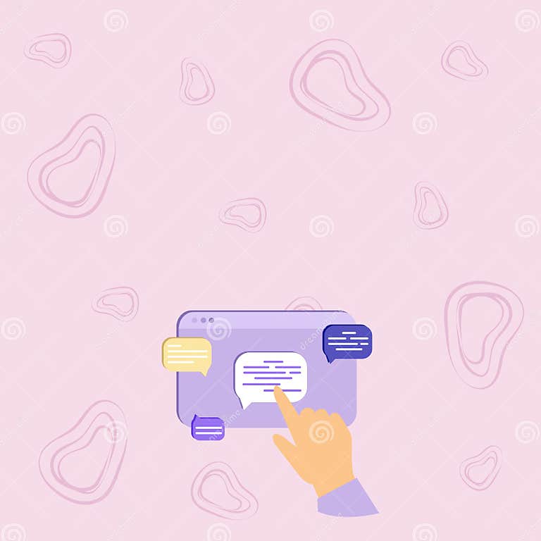 Hand Showing Graph Growth Pointing Web Browser Screen with Chat Bubbles. Notebook Computer ...