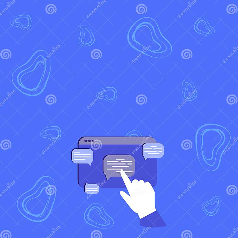 Hand Showing Graph Growth Pointing Web Browser Screen with Chat Bubbles. Notebook Computer ...