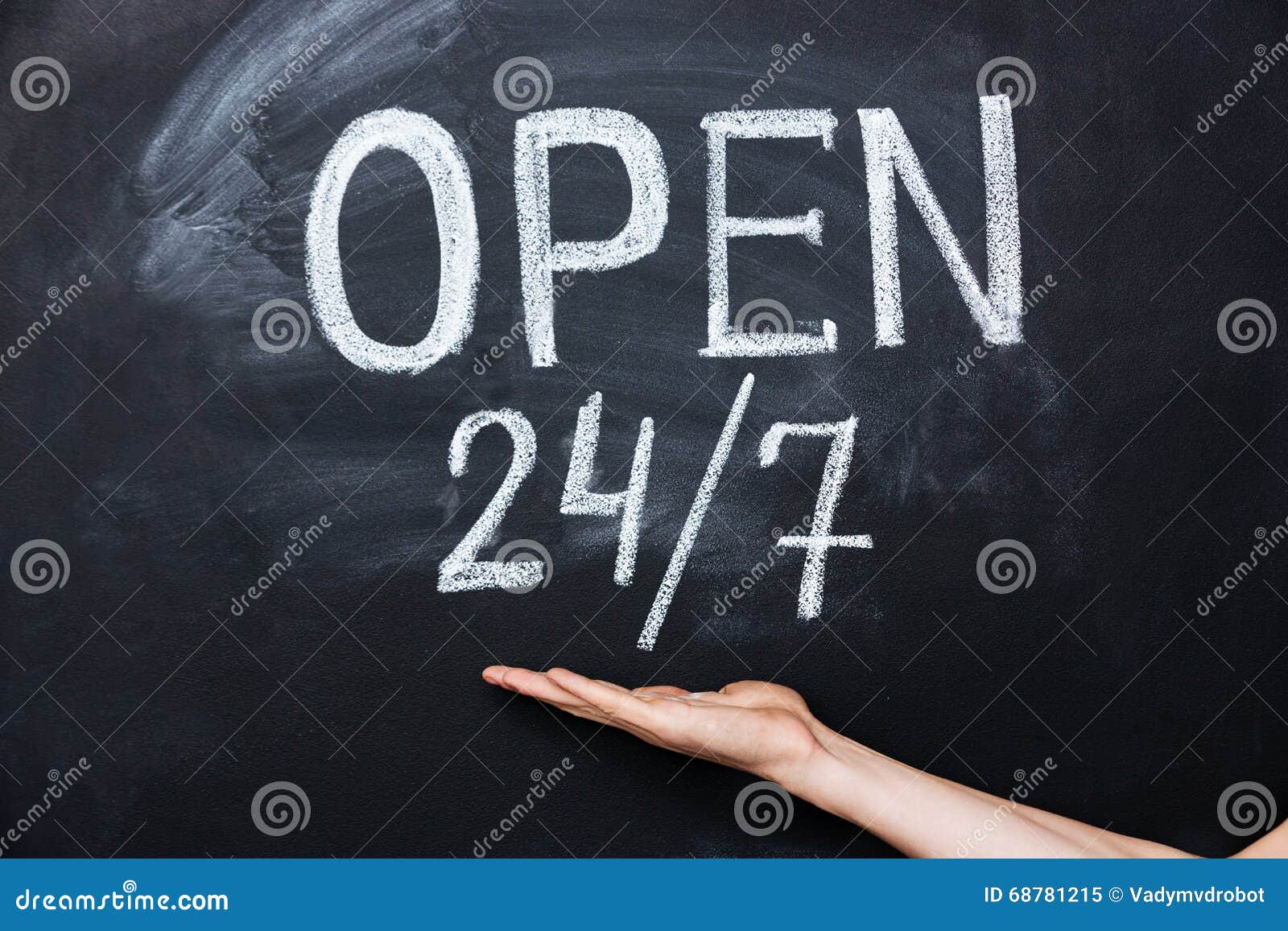 Hand Showing Open All the Time Sign Drawn on Blackboard Stock Image ...