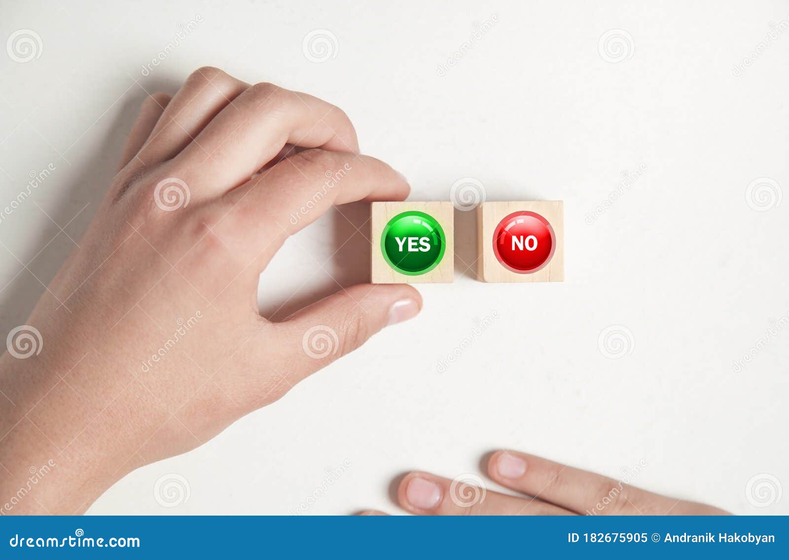Hand Showing Yes and No Buttons in Wooden Cube Stock Image - Image of ...