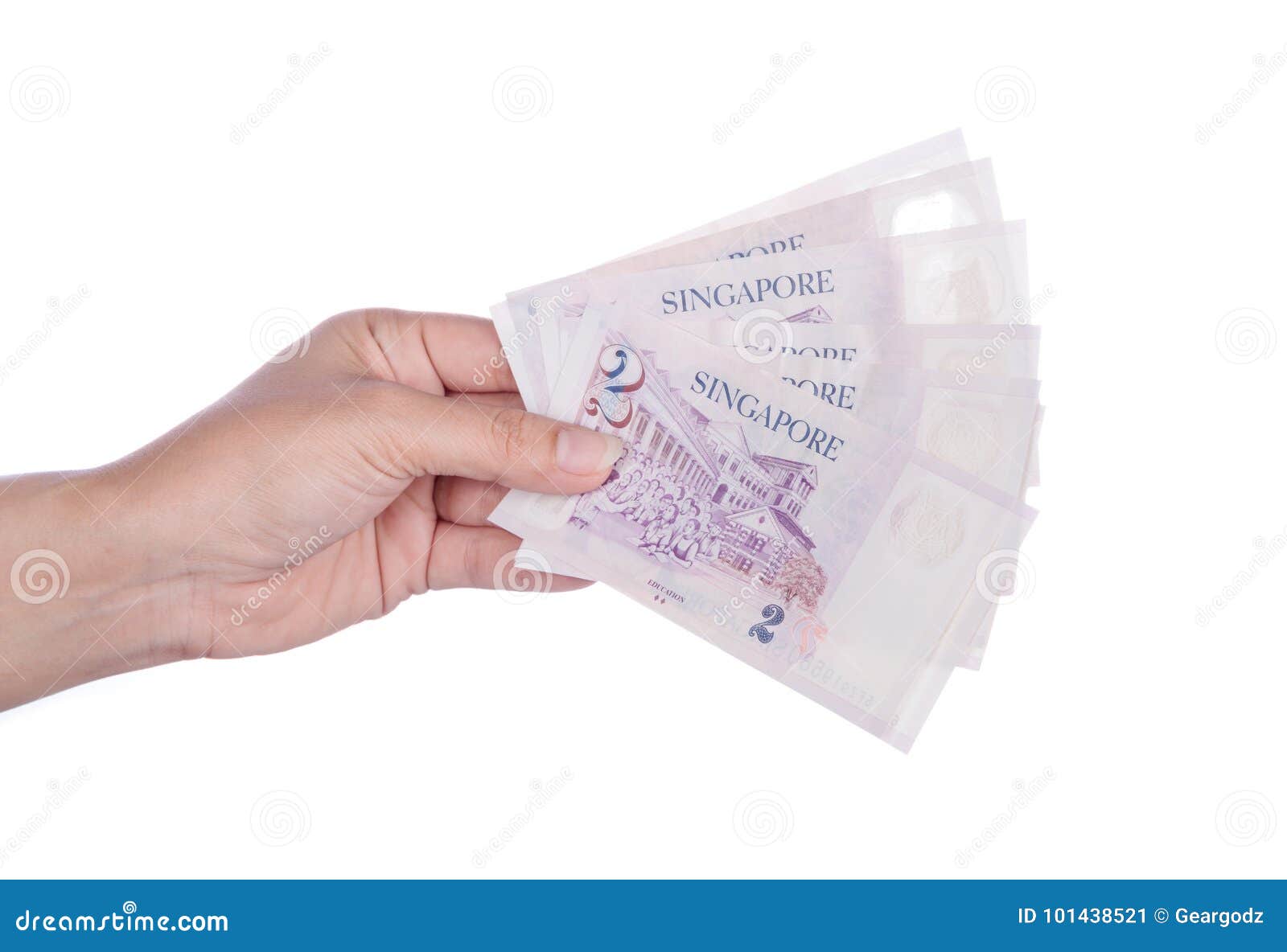 Hand with Singapore Banknotes Dollars 2 SGD Isolated on White Stock ...