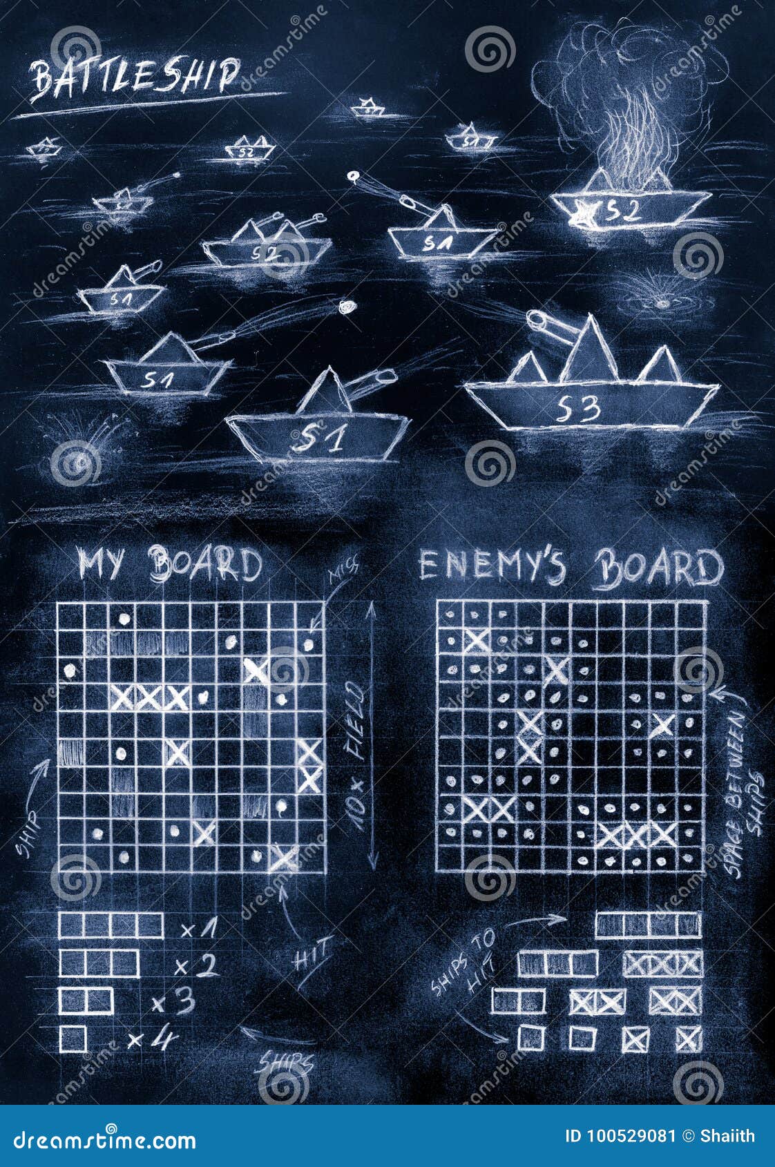 Hand Sketch Blue Battleship Game on Sea Stock Illustration ...