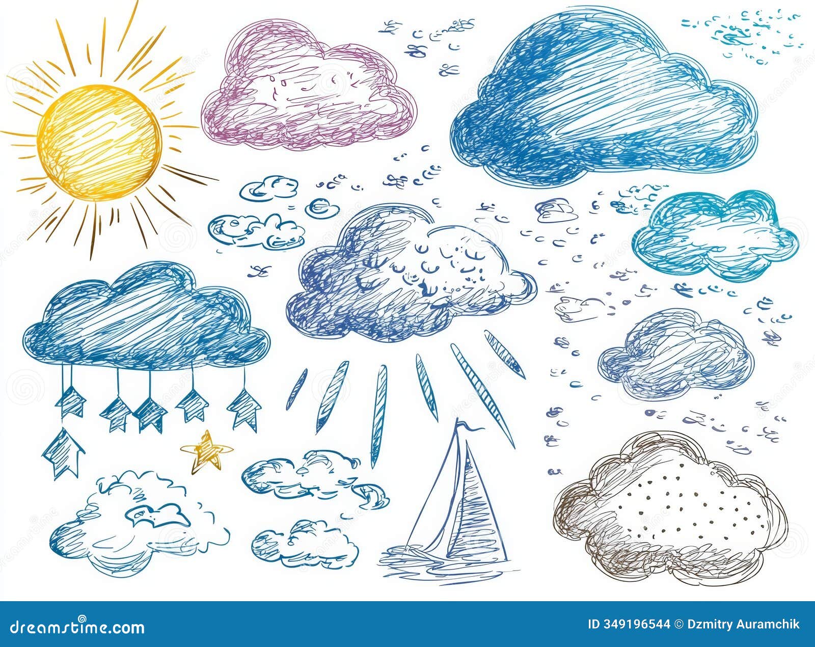 Hand-sketched Cloud Set. Clouds Drawn in a Doodle Style. Basic Outlined ...
