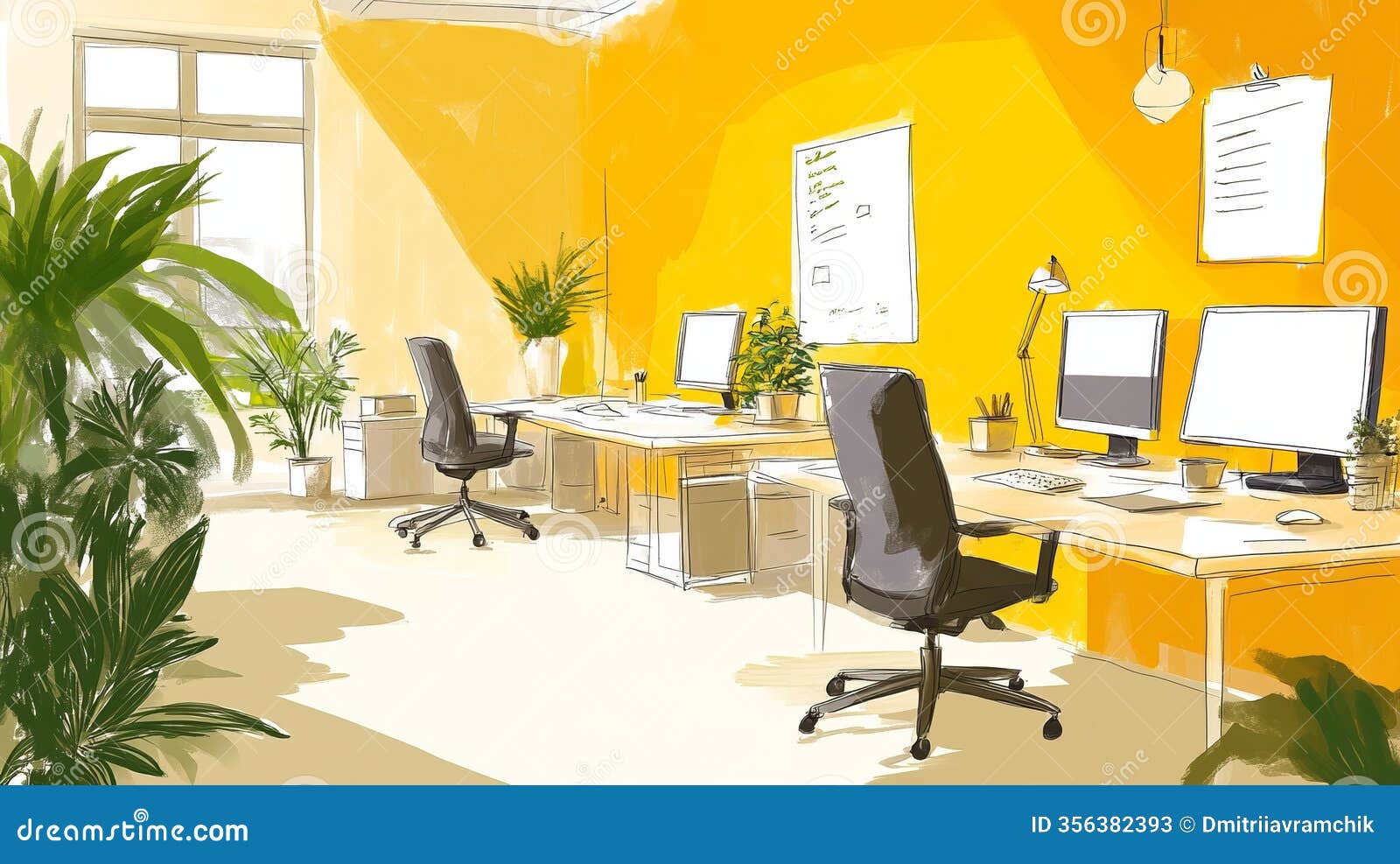 A Hand-sketched Image of a Current Office Space with Rows of Desks ...