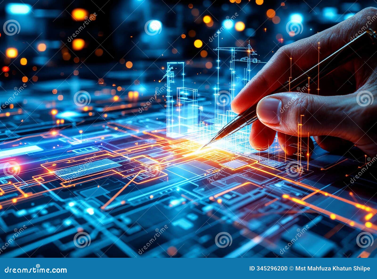 Hand Sketching on Glowing Technology Background Stock Illustration ...