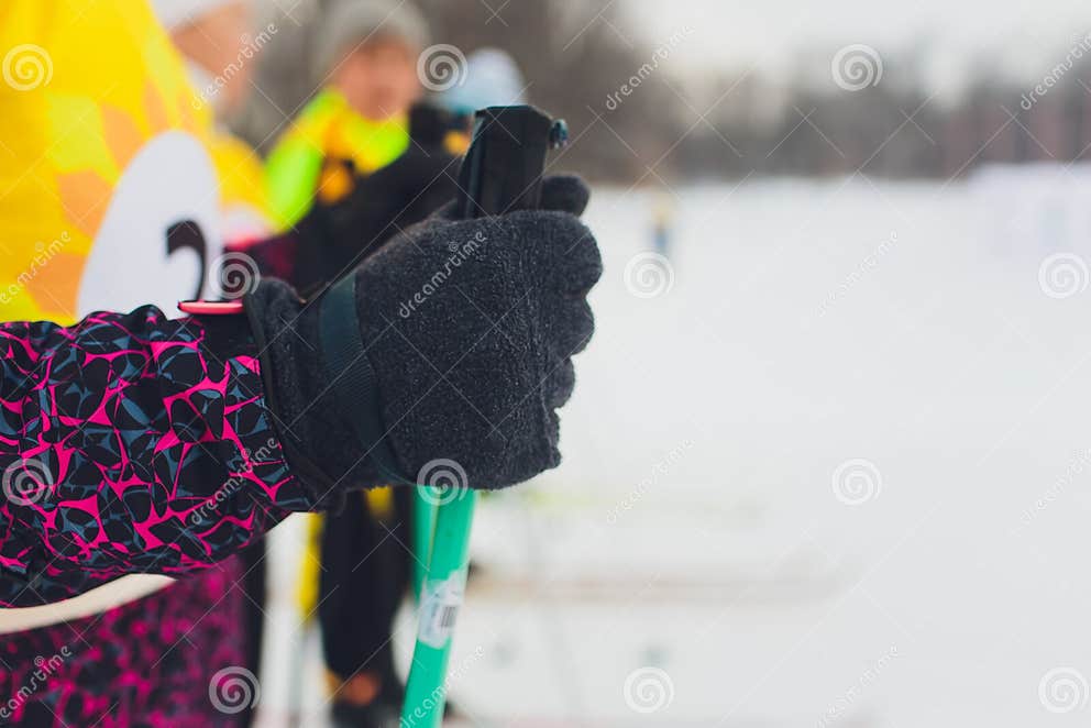 Hand and Ski Pole with Selective Focus. Stock Image - Image of active ...
