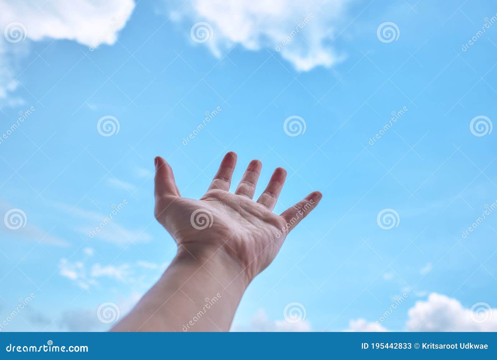 Hand with Blue Sky and Cloud in Background. Stock Image - Image of ...