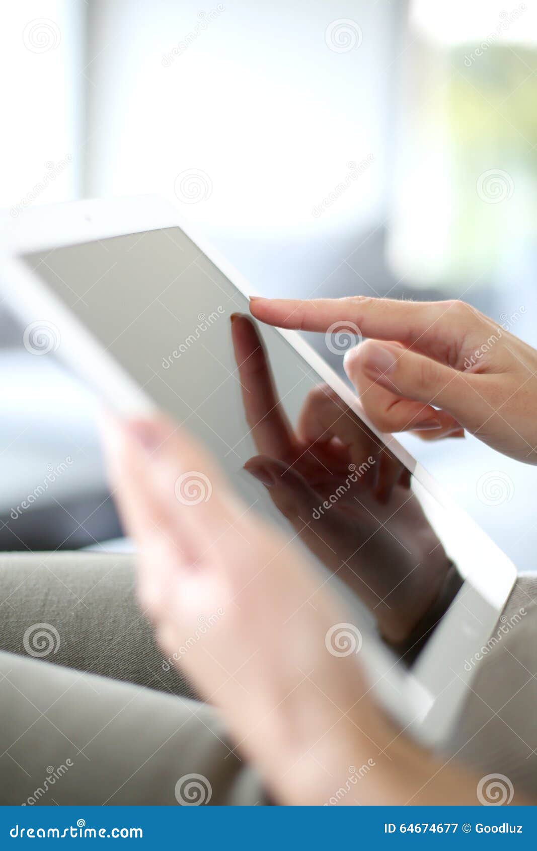Hand sliding on tablet stock image. Image of touchpad - 64674677