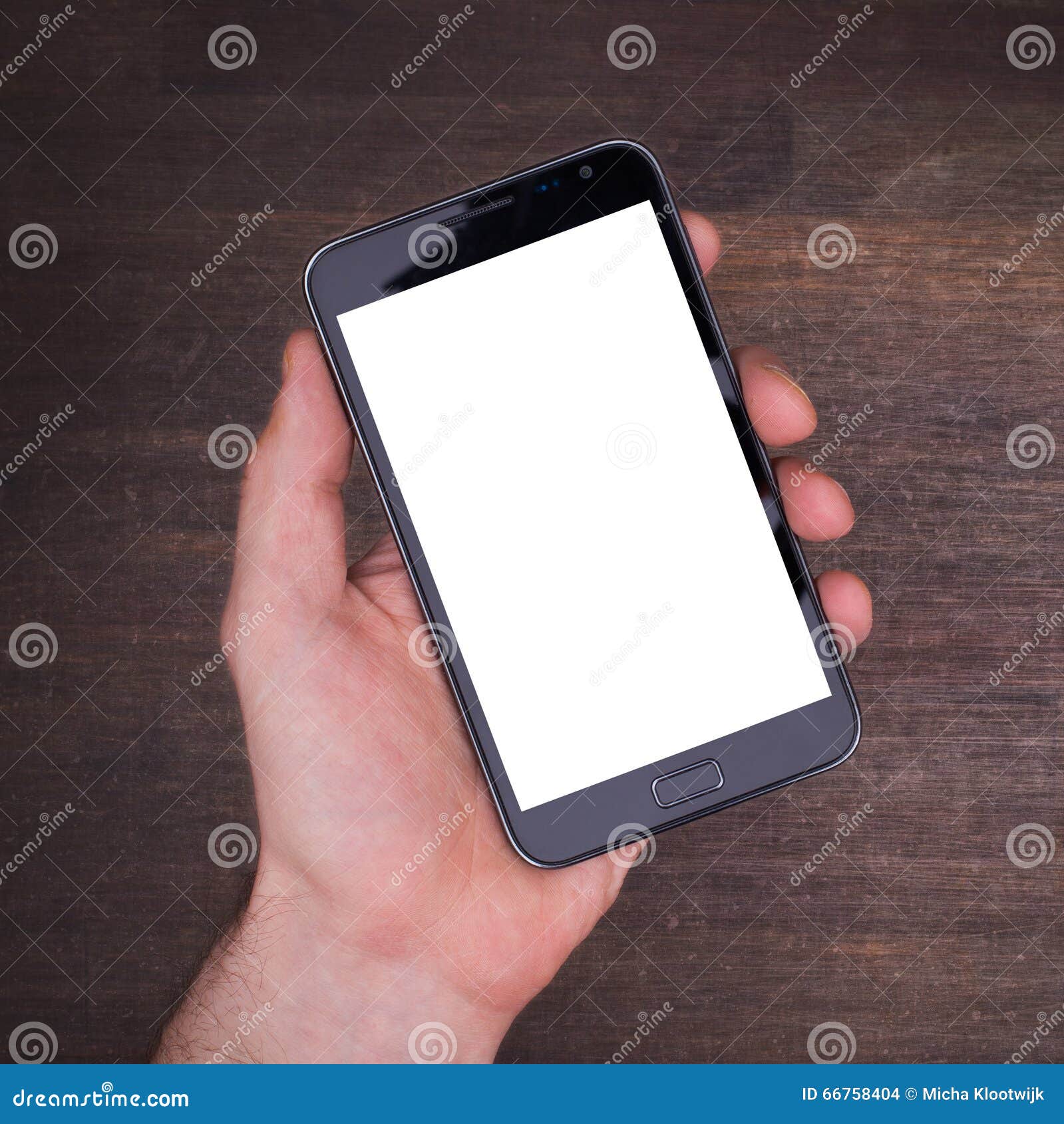 Hand with Smart Phone on Wooden Table Stock Photo - Image of finger ...