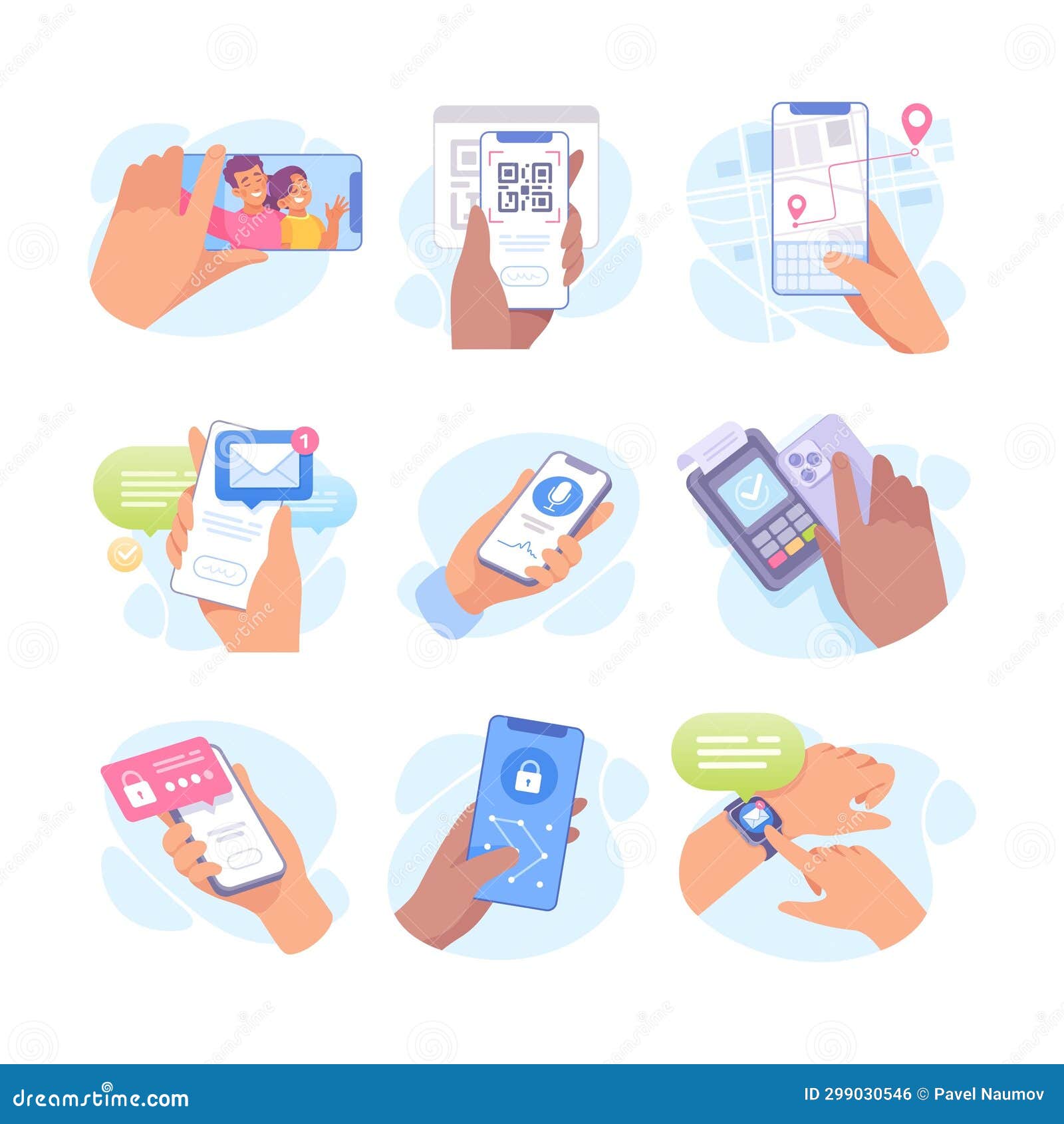 Hand with Smartphone Device Use Different App Vector Set Stock ...