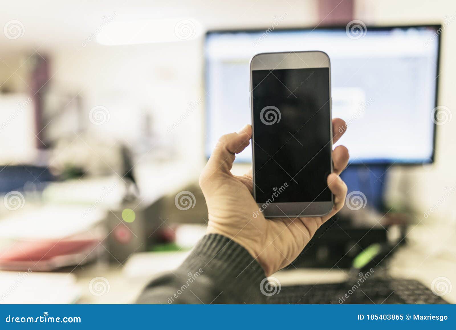 Hand with Smartphone in Office. Stock Image - Image of distraction ...