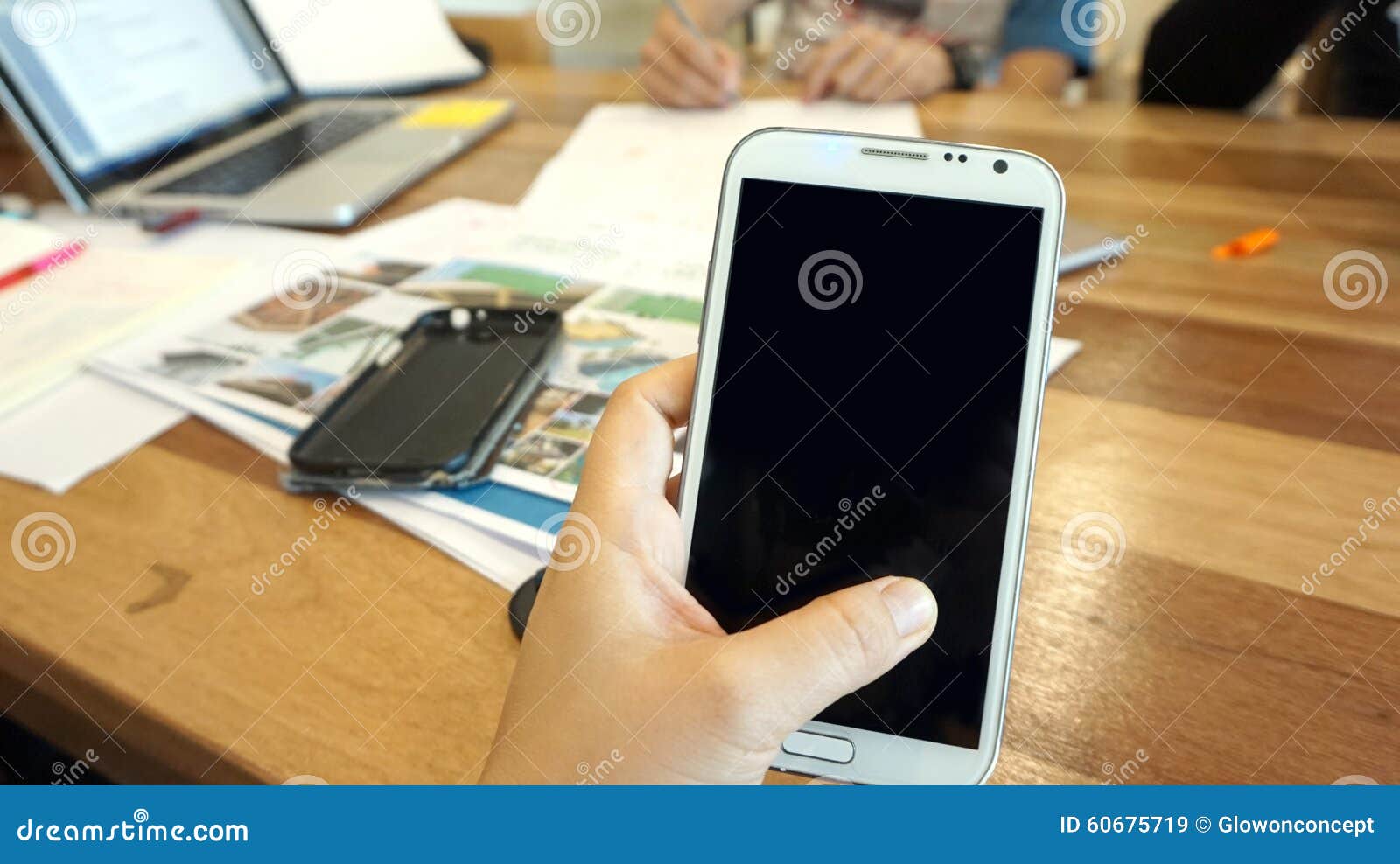 Hand with Smartphone on Working Table Stock Image - Image of office ...