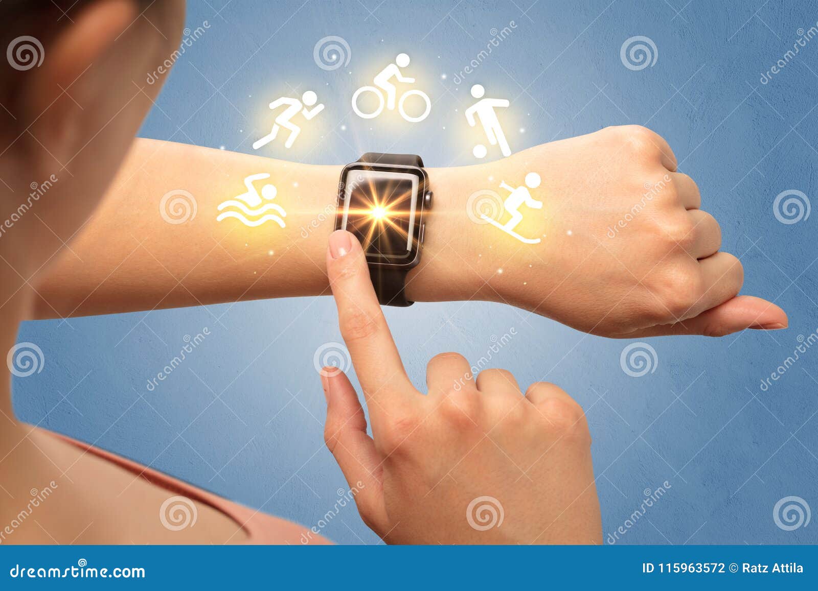 Hand with smartwatch. stock photo. Image of icon, display - 115963572