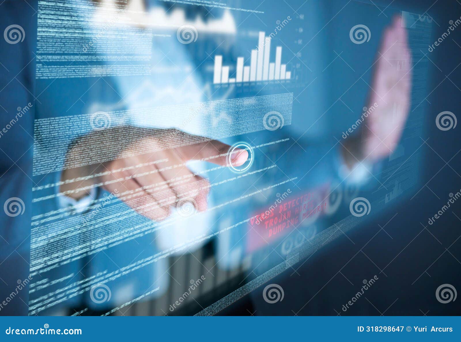 Hand, Software and Hologram with Coding, Graphs and Programming with Click on Dashboard in Night ...