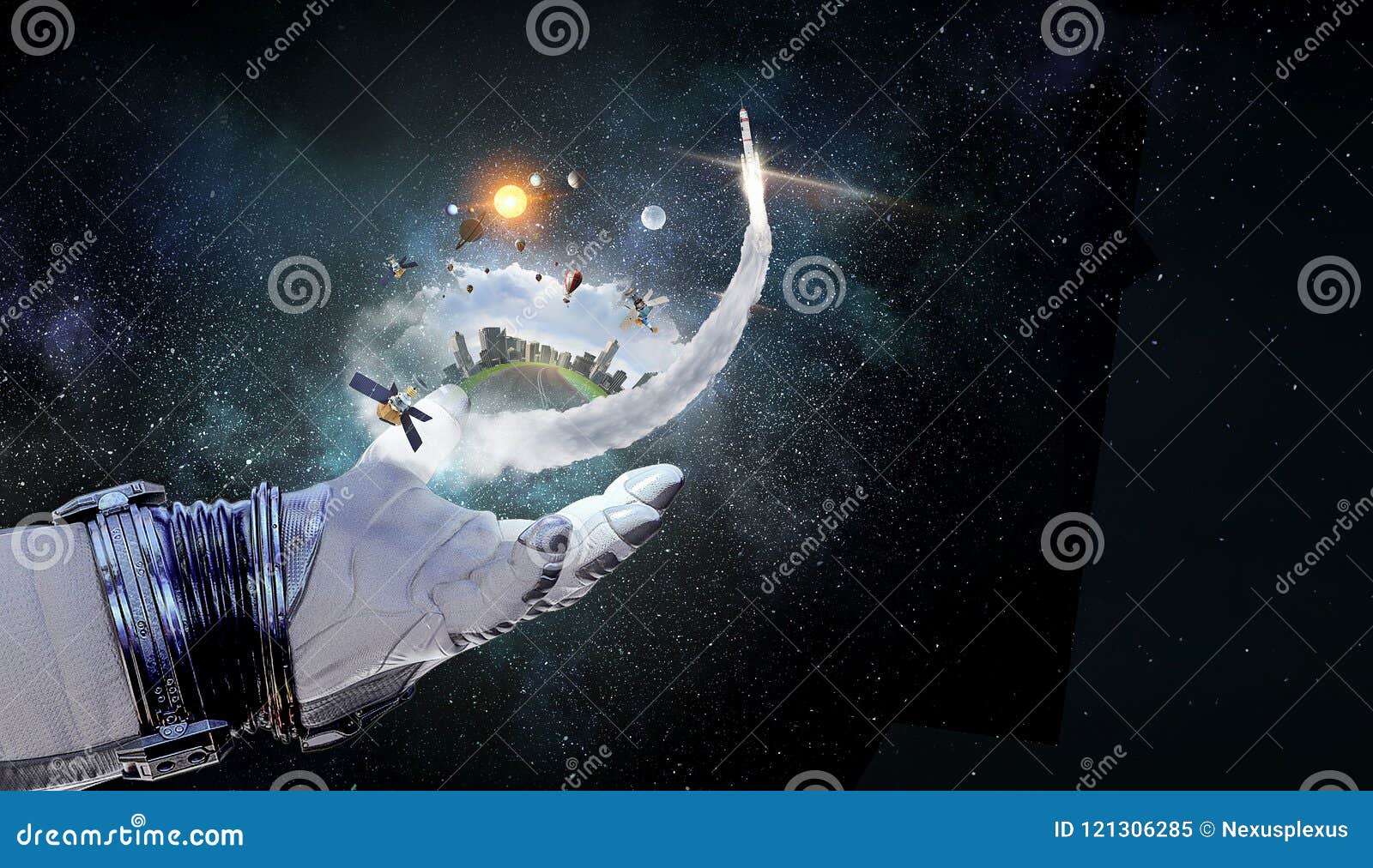 Hand of Spaceman. Mixed Media Stock Image - Image of dark, city: 121306285