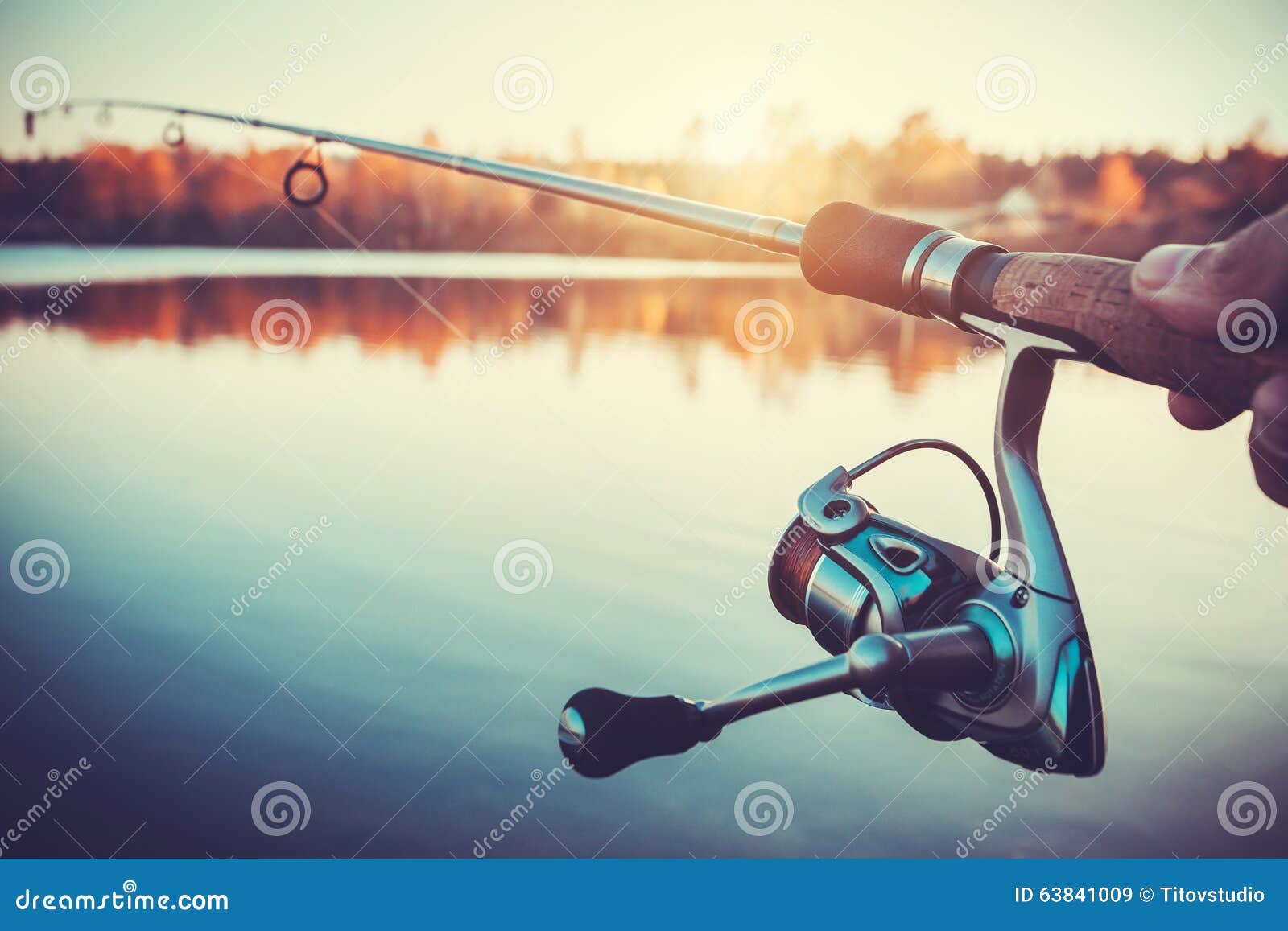 Hand with Spinning and Reel on the Evening Summer Lake Stock Image ...