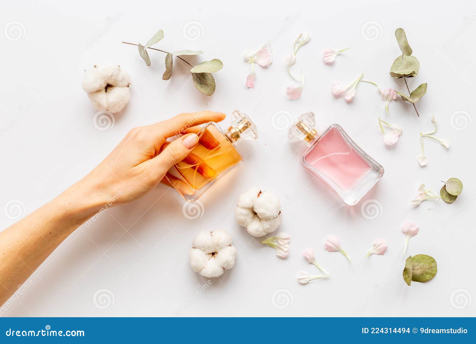 Hand Spray Perfume Bottle with Flow of Flowers Stock Photo - Image of ...