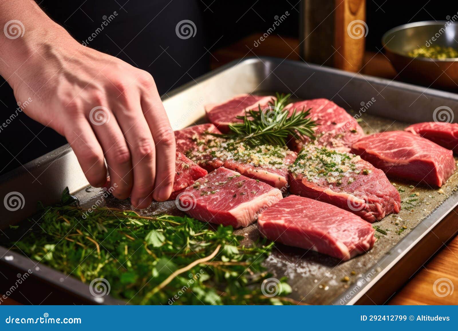Hand Spreading Herb Mix on Steak Pre-cook Stock Image - Image of chefs ...