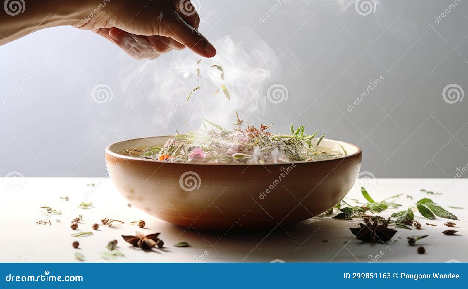 A Hand Sprinkling Herbs Over a Bowl of Steaming Food Stock Illustration ...