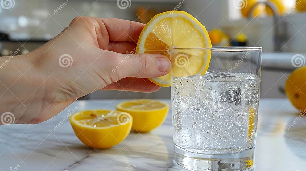 Hand Squeezing a Lemon into a Glass of Water in the Kitchen. Stock ...