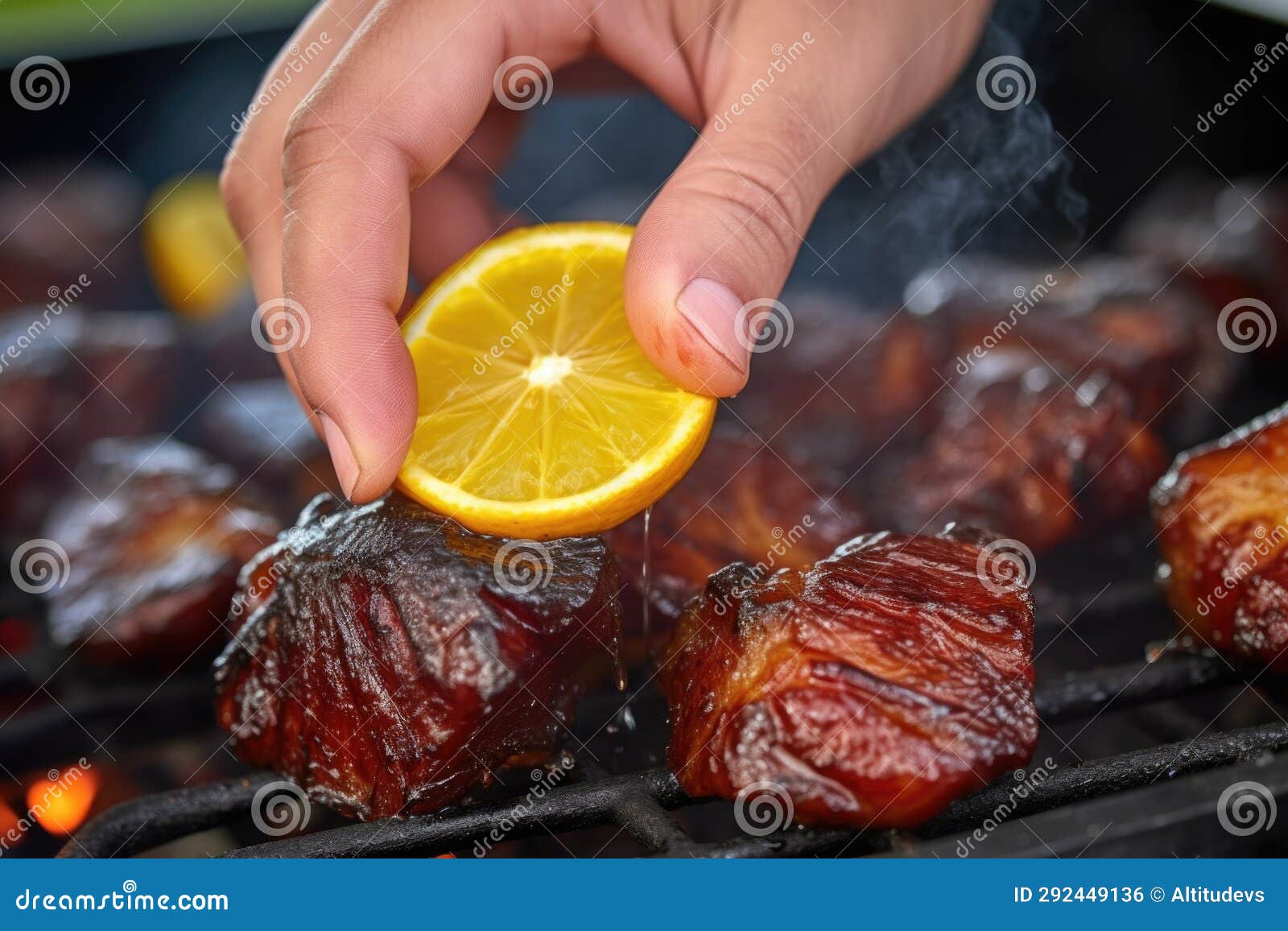 Hand Squeezing Lemon Onto Burnt Ends on the Bbq Stock Illustration ...