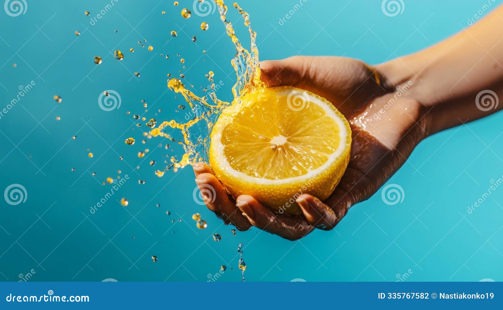 Hand Squeezing Lemon with Splash Against Blue Background Stock Photo ...
