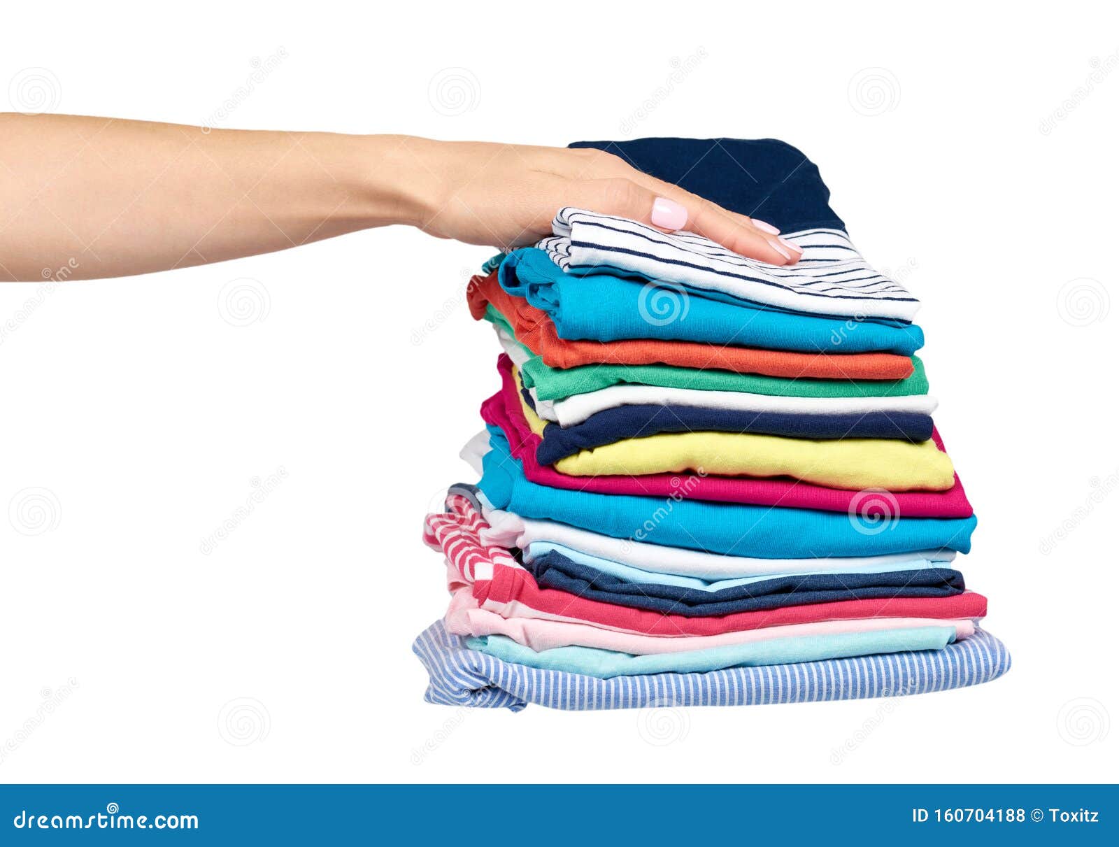 Hand with Stack of Clothes, Fresh Laundry Textile. Isolated Stock Photo ...
