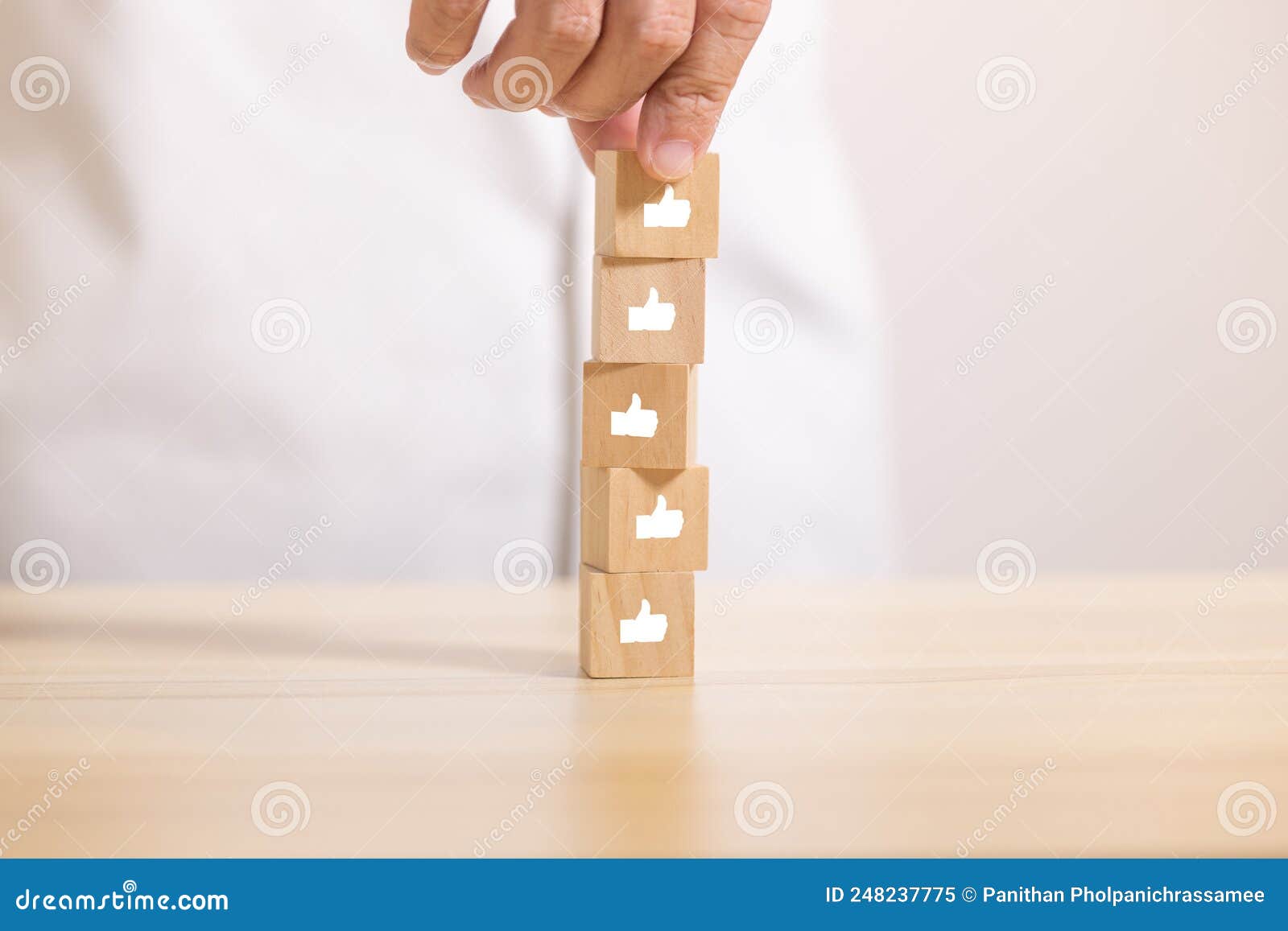 Hand Stack Wooden Blocks with Thumb Up Icon . Stock Image - Image of ...