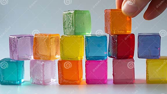 A Hand Stacking Colorful Ice Cubes in a Tower Formation. Stock Photo ...