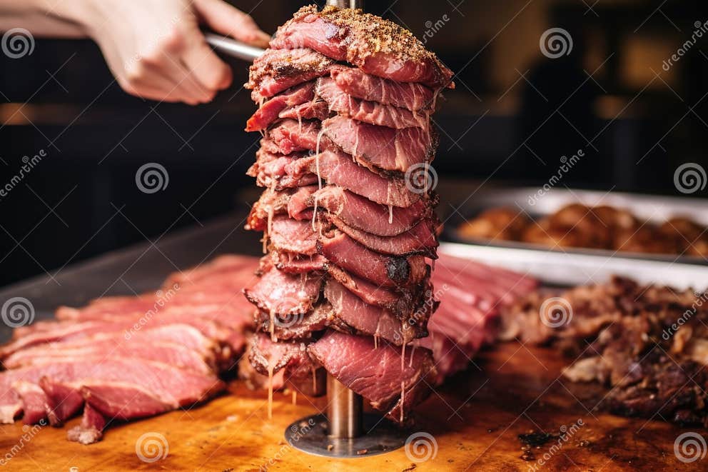Hand Stacking Marinated Meat Onto a Vertical Spit for Gyros Stock Image ...