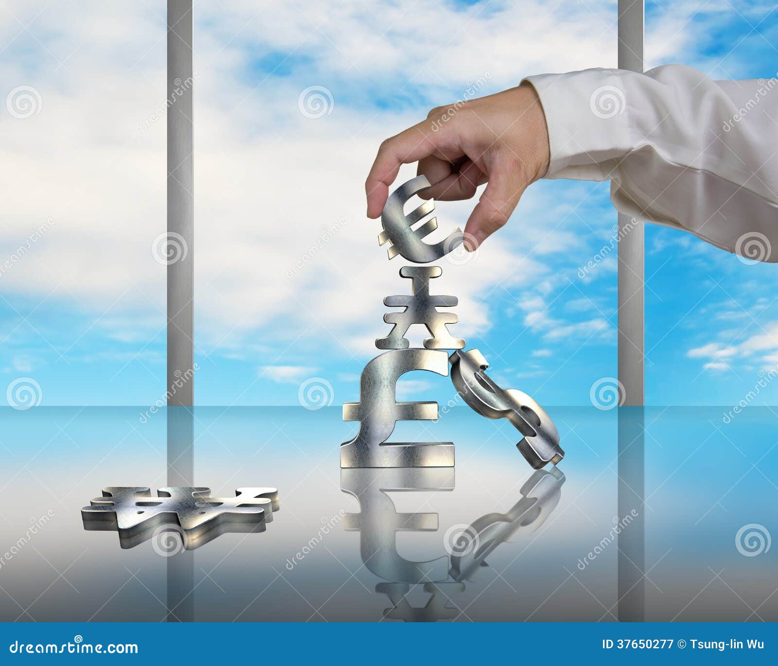 Hand Stacking 3D Money Symbols On Green Glass Table Royalty-Free Stock ...