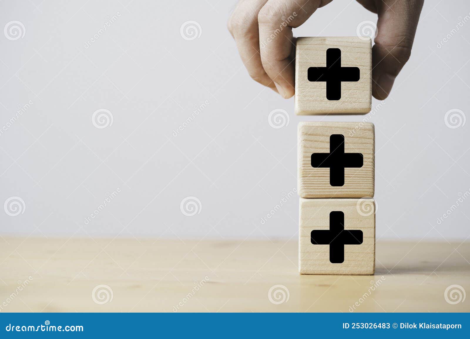 Hand Stacking Plus Sign Which Print Screen on Wooden Cube Block for ...