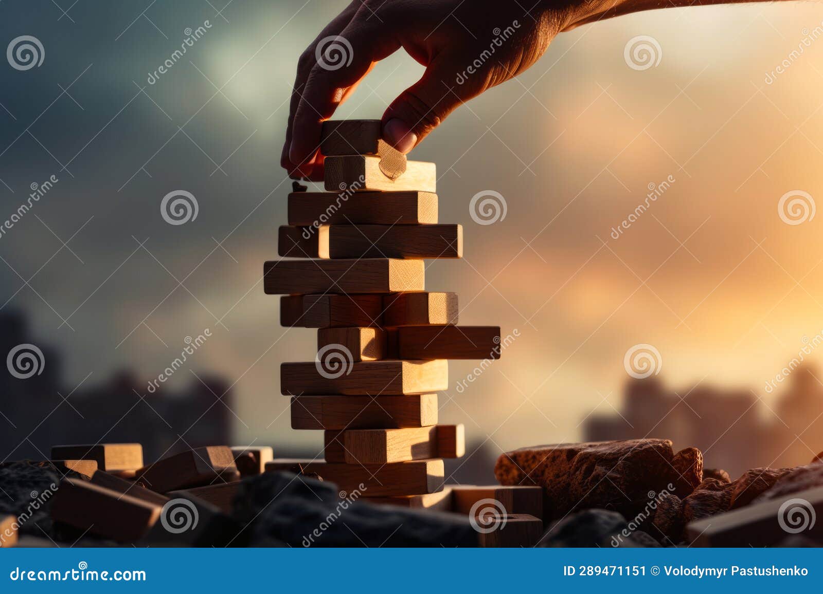 Hand is Stacking Wooden Blocks on Top of Rocks. Generative AI Stock ...