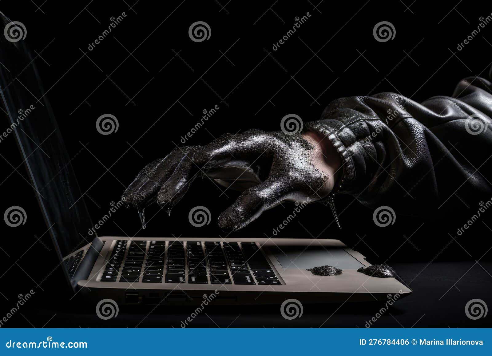 Hand Stained with Black Liquid Reaches for Open Laptop. Cyber Security ...