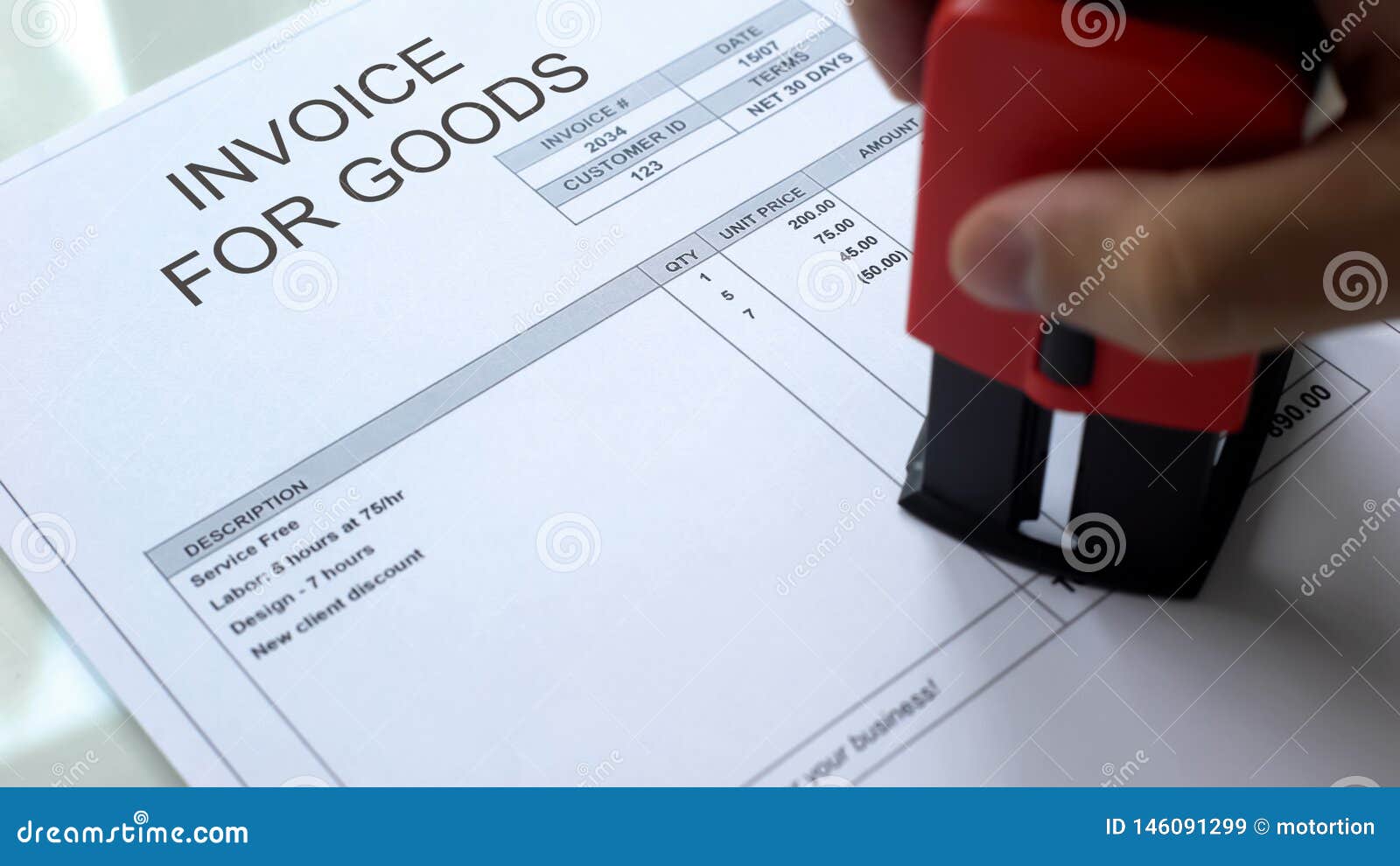 Hand Stamping Rectangular Seal on Invoice for Goods Commercial Document ...