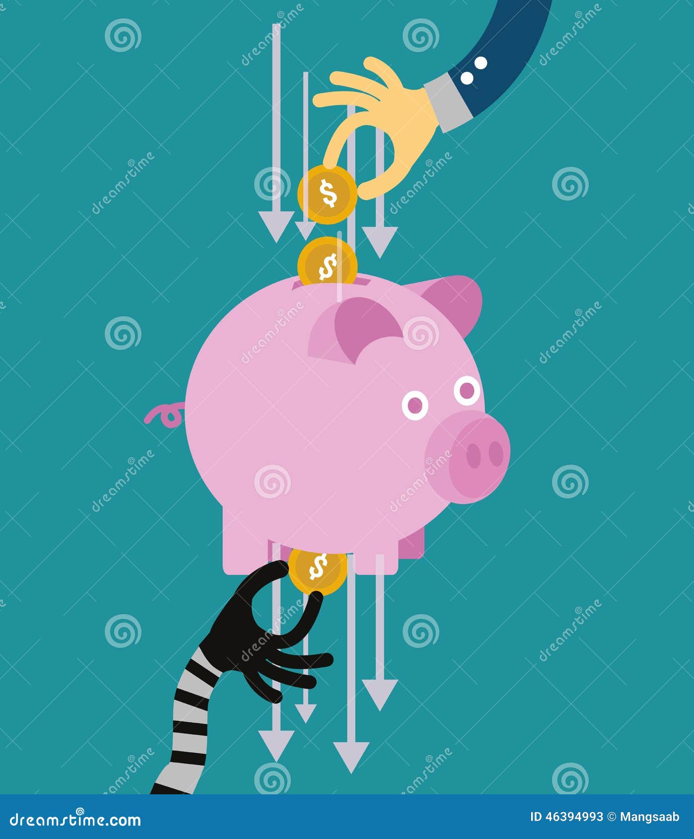 Hand Stealing Money from Piggy Bank. Stock Vector - Illustration of ...