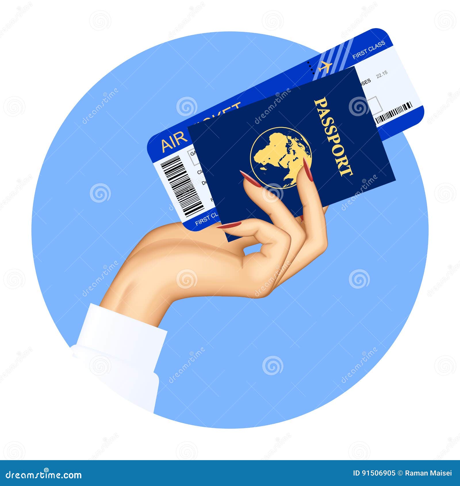 Hand Of Stewardess With Passport And Air Ticket On Round Blue Ba Stock